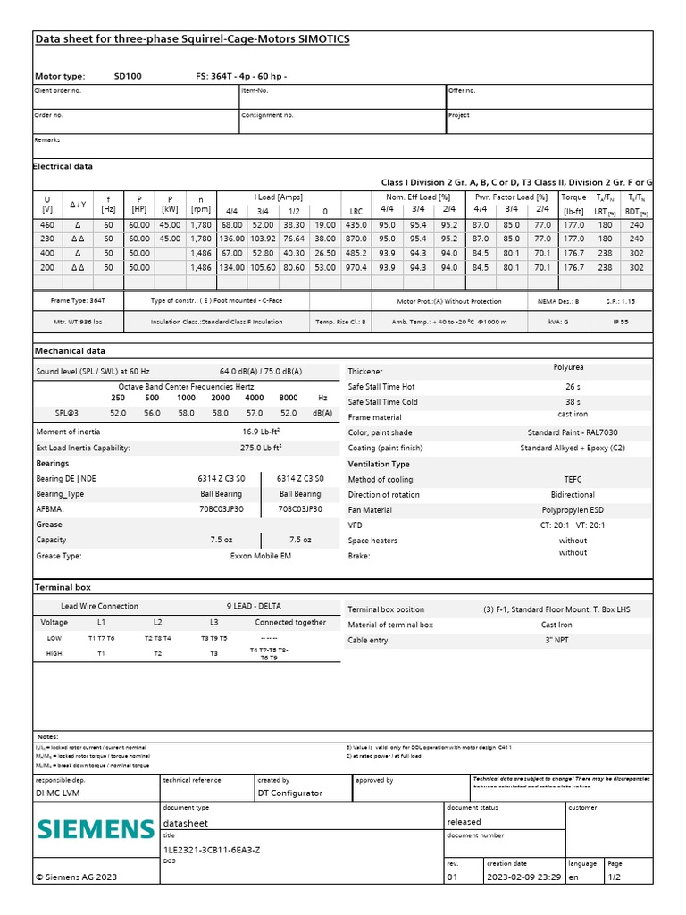 Data Sheet For Three-Phase Squirrel-Cage-Motors SIMOTICS: Motor Type ...