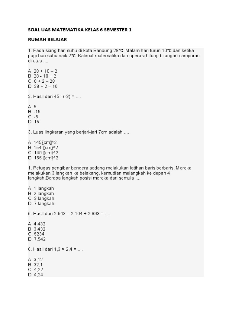 Soal MTK Kelas 6 | PDF