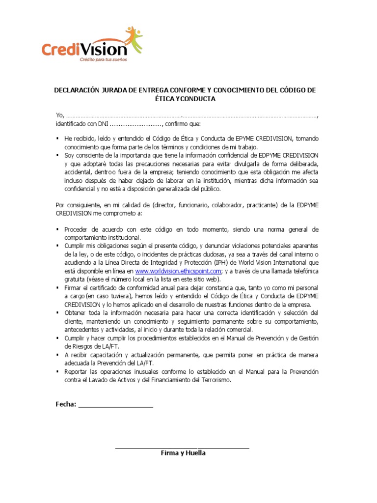 Declaración Jurada de Entrega Conforme y Conocimiento Del Código de Étic.. | PDF | Comportamiento