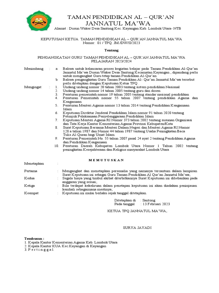 SK Pengangkatan Guru TPQ | PDF