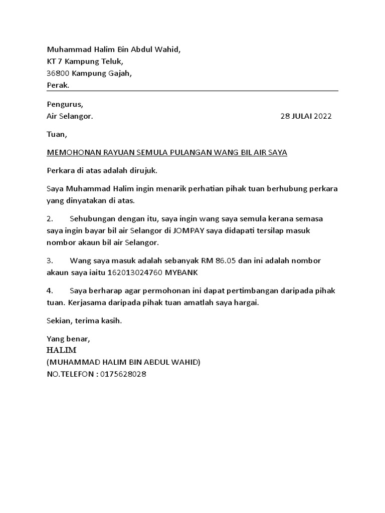 Surat Kiriman Rasmi Halim Bil Air Selangor | PDF