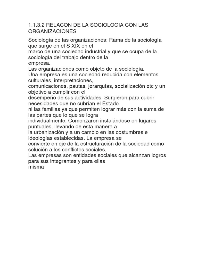 RELACION DE LA SOCIOLOGIA CON LAS ORGANIZACIONES - Docx1 | PDF | Sociología | Sociedad