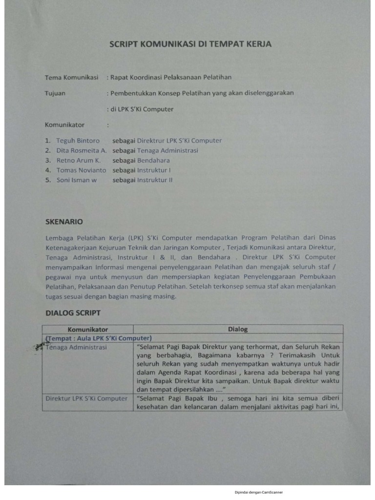 Tugas 5 - Script Komunikasi Ditempat Kerja - LPK S'ki Computer - Teguh Bintoro | PDF