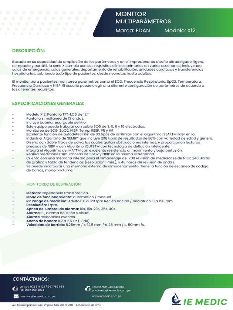 Ficha Tecnica Monitor Multiparametros Edan x12 | PDF | Electrocardiografia | Metrología