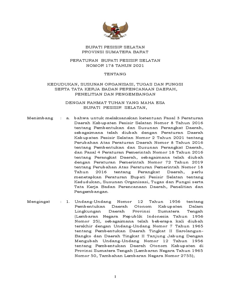 Perbup 178 Tahun 2021 SOTK Bapedalitbang | PDF | Pengelolaan Keuangan ...