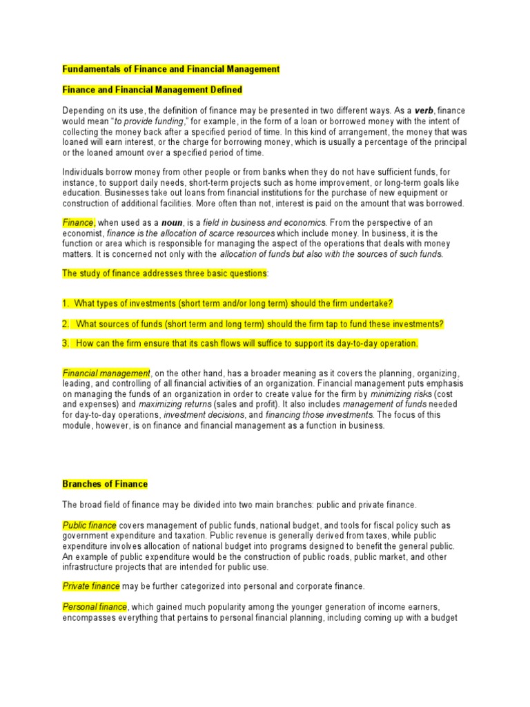 Finance and Financial Management Basics | PDF | Public Finance | Investing