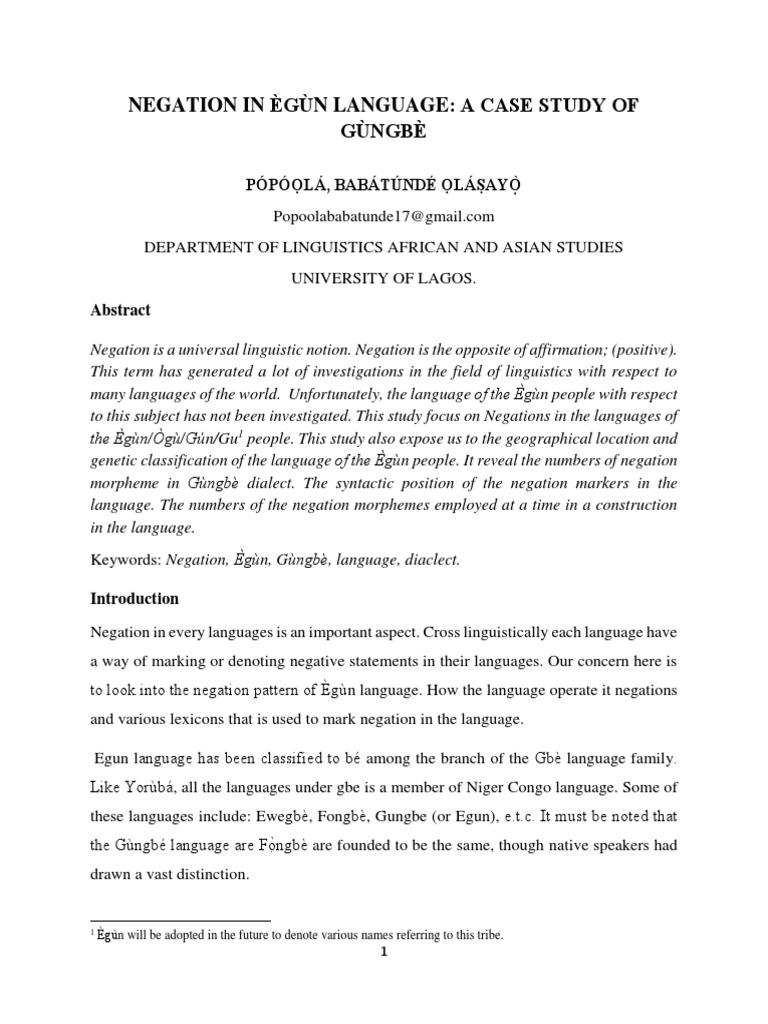Negation in Egu N Language A Case Study | PDF | Grammar | Cognition