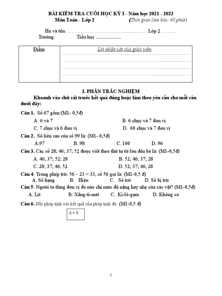 De Thi Hoc Ki 1 Mon Toan Lop 2 Sach Canh Dieu | PDF