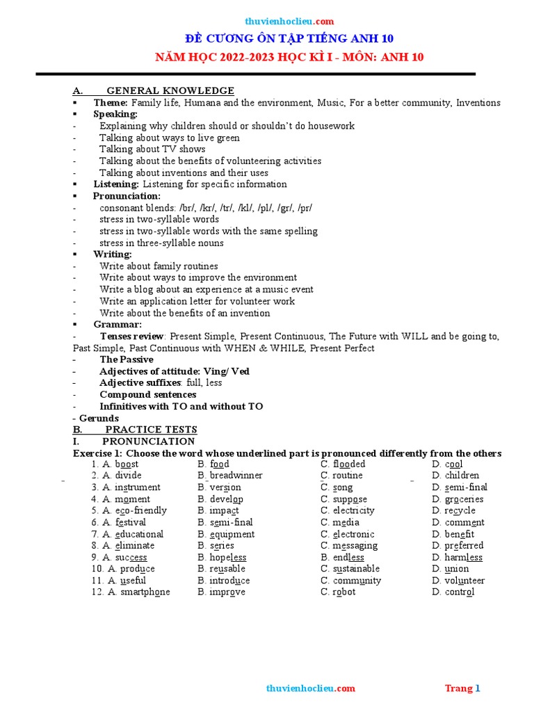 Thuvienhoclieu.com de Cuong on Tap HK1 Anh 10 Nam 2022 2023 | PDF