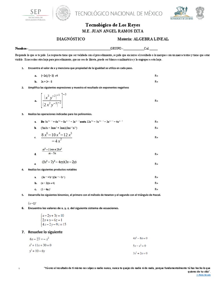 Examen Diagnóstico de Álgebra VI | PDF | Conceptos matemáticos ...