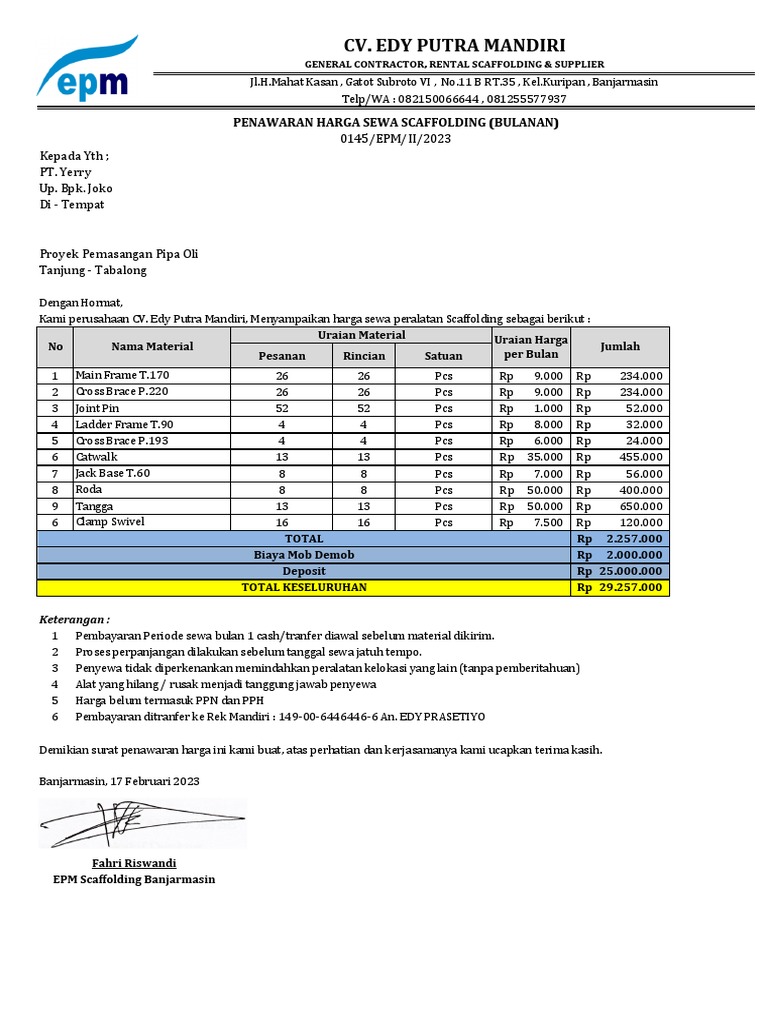 Surat Penawaran Sewa Scaffolding - 0145 | PDF
