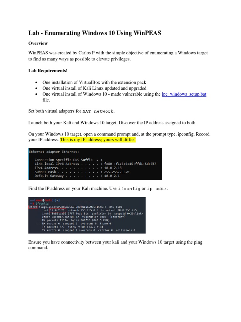 Lab+ +Enumerating+Windows+10+Using+WinPEAS | PDF | Microsoft Windows | Windows 10