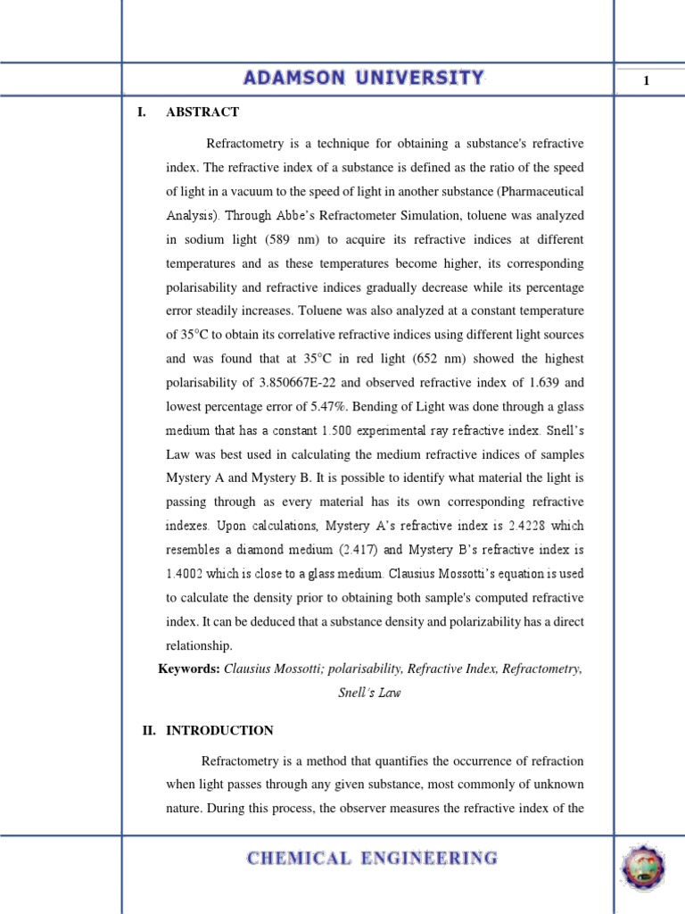 Refractometry Analysis of Toluene | PDF | Refractive Index | Absorption ...