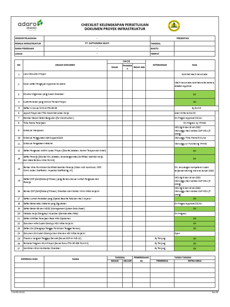 F-AI-PRJ-03-03 Checklist Dokumen Proyek Infrastruktur | PDF