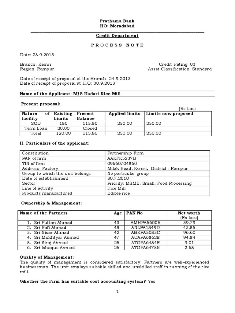 Prathama Bank Credit Process Note for Kadari Rice Mill | PDF | Rice | Loans