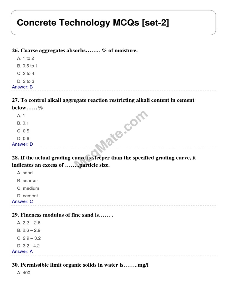Concrete Technology Solved MCQs (Set-2) | PDF | Concrete | Civil ...