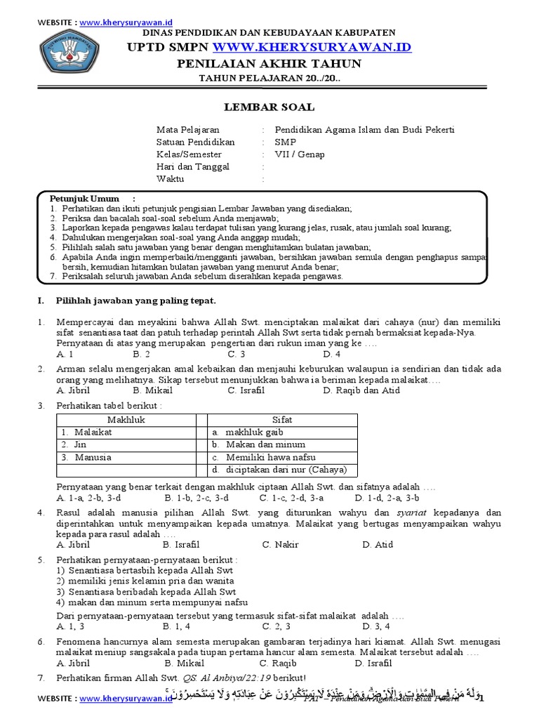 Soal PAT PAI Kelas 7 K13 - WWW - Kherysuryawan.id | PDF