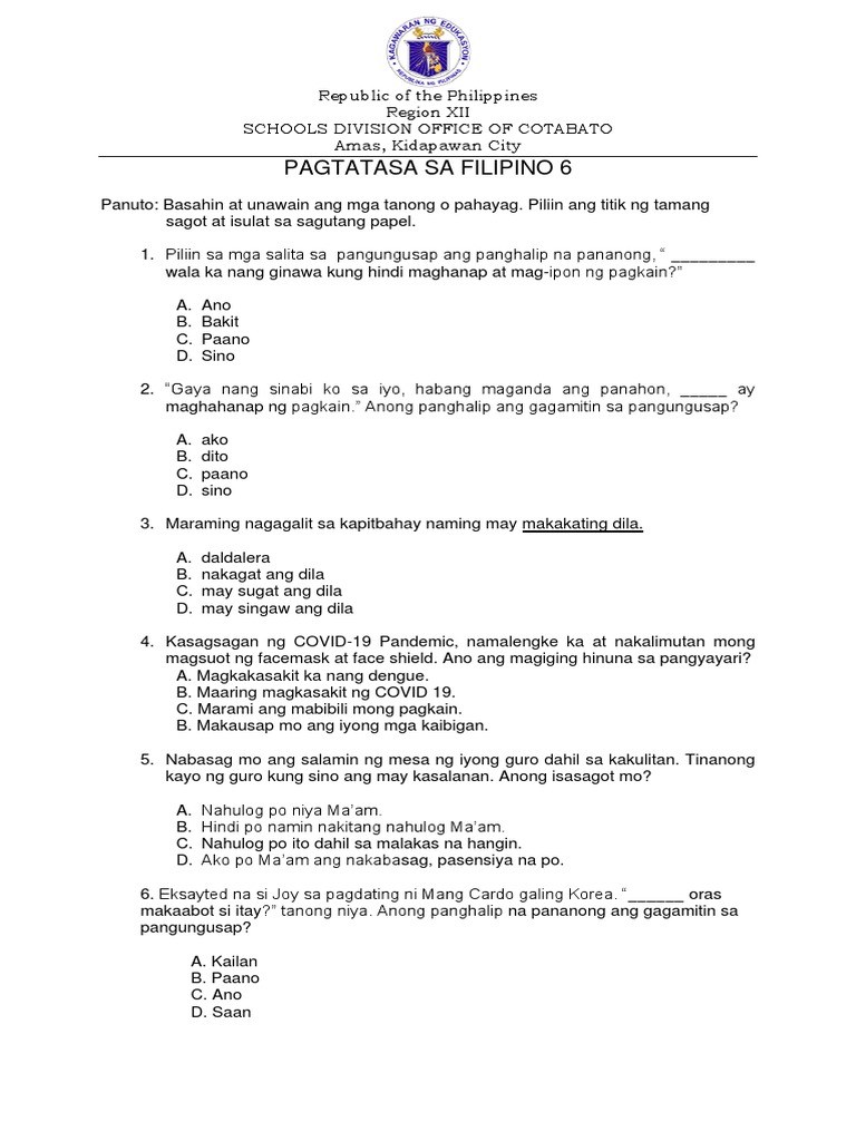Grade 6 Exit Assessment Tanong Final | PDF