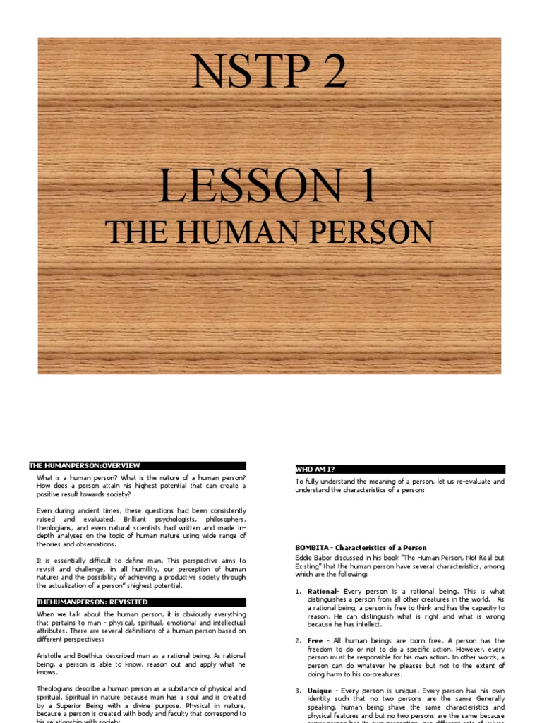 NSTP Lesson 1 THE HUMAN PERSON | PDF | Self Esteem | Metaphysics Of Mind
