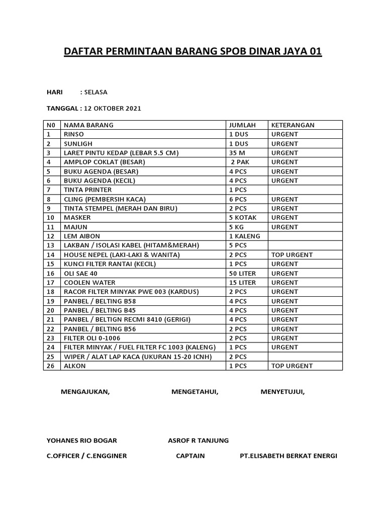 Daftar Permintaan Barang Okt-21 | PDF