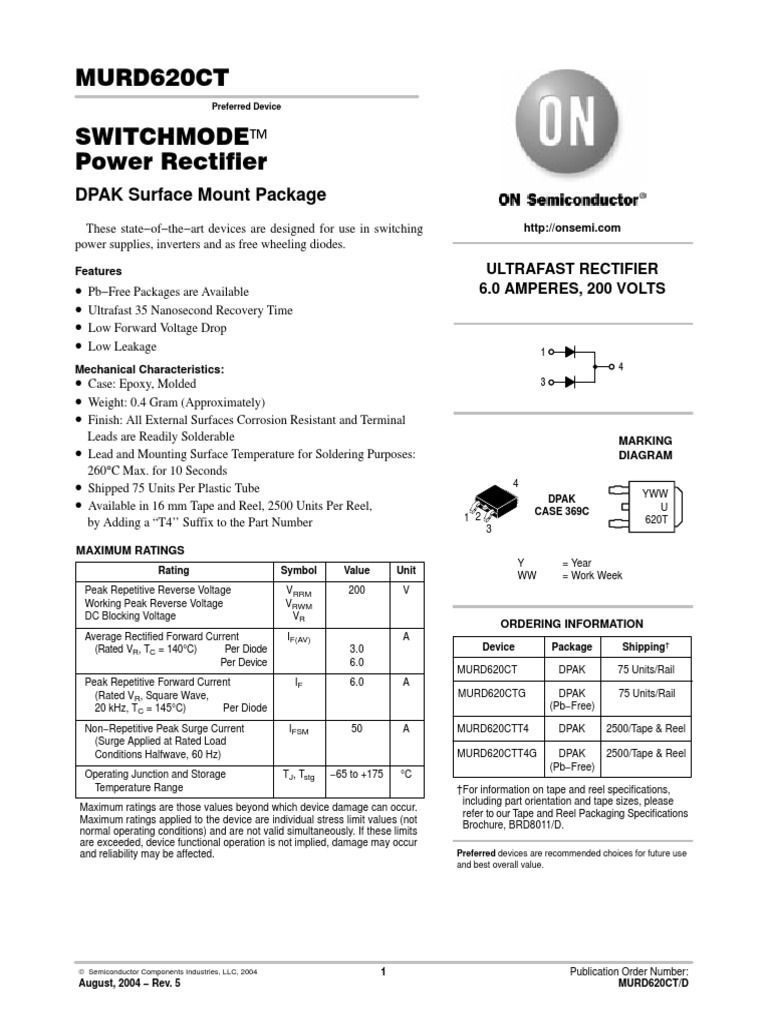 MURD620CT Switchmode Power Rectifier: DPAK Surface Mount Package | PDF ...