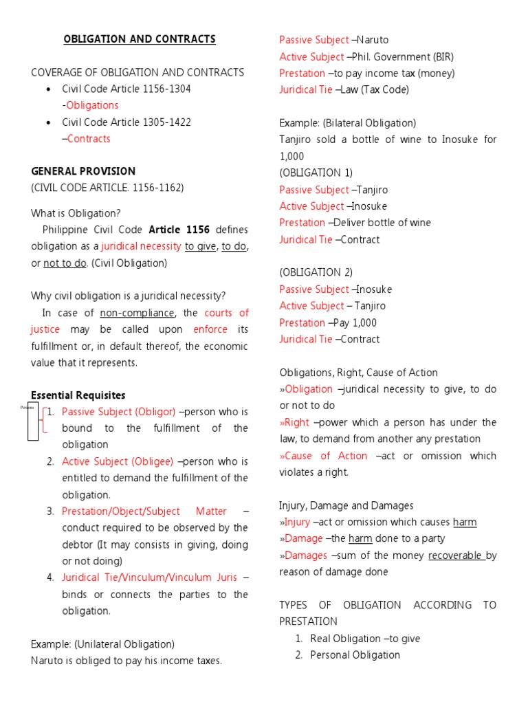 Obligation and Contracts Notes | PDF | Law Of Obligations | Damages