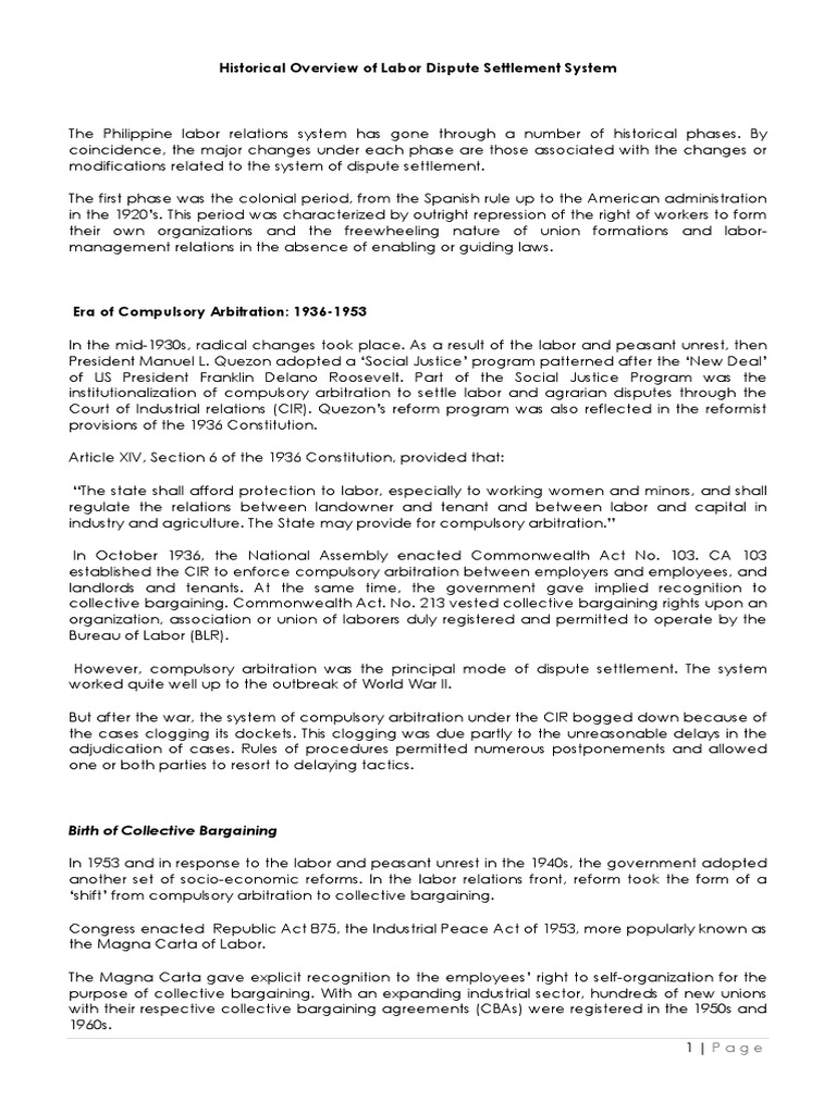 Historical Overview Of Ph Labor Dispute Settlement Pdf Employment