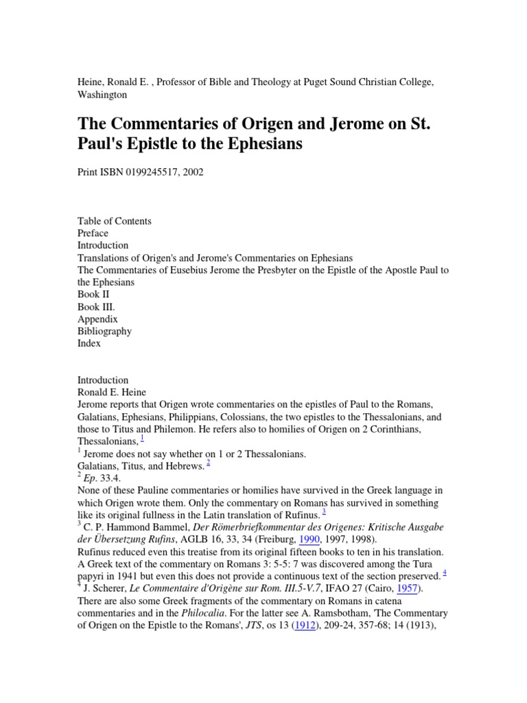 The Commentaries of Origen and Jerome On St. Paul's Epistle To The ...
