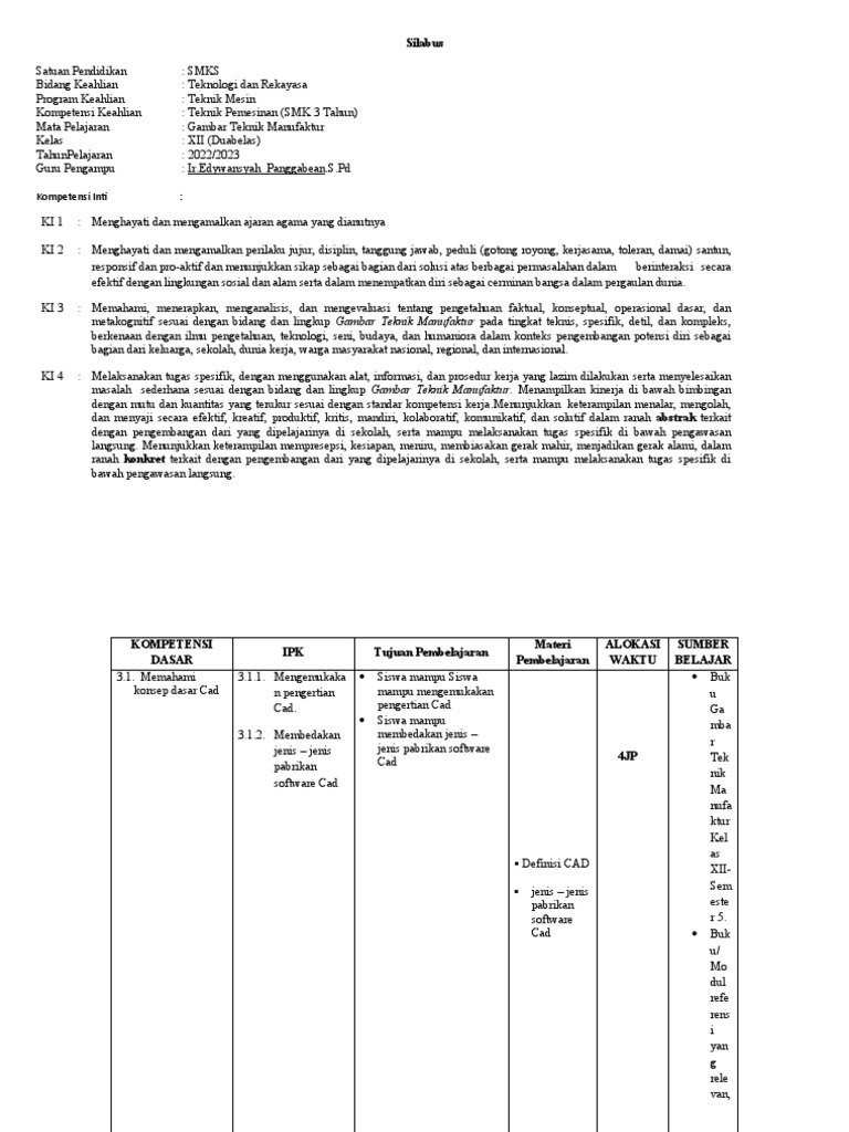 Silabus Gambar Teknik Manufaktur SMK | PDF