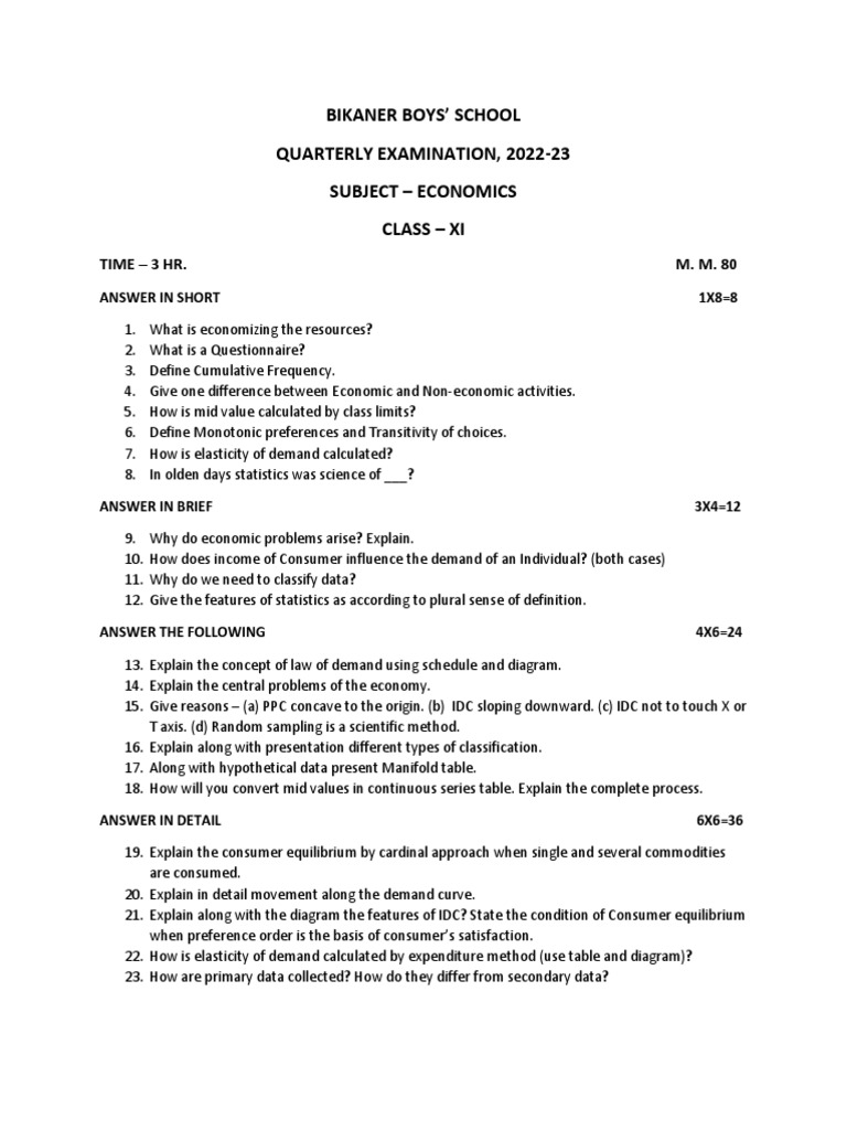 Eco-XI (Quarterly Exam) | PDF | Demand | Economics