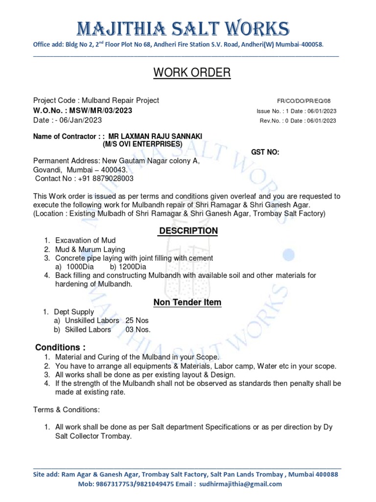 Work Order Ovi Enterprises 2 | PDF | Civil Engineering | Building Materials