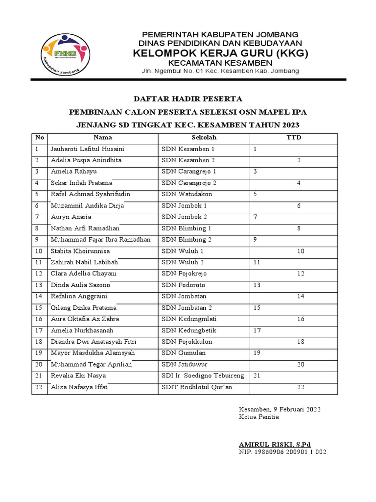 Daftar Hadir OSN 2023 | PDF