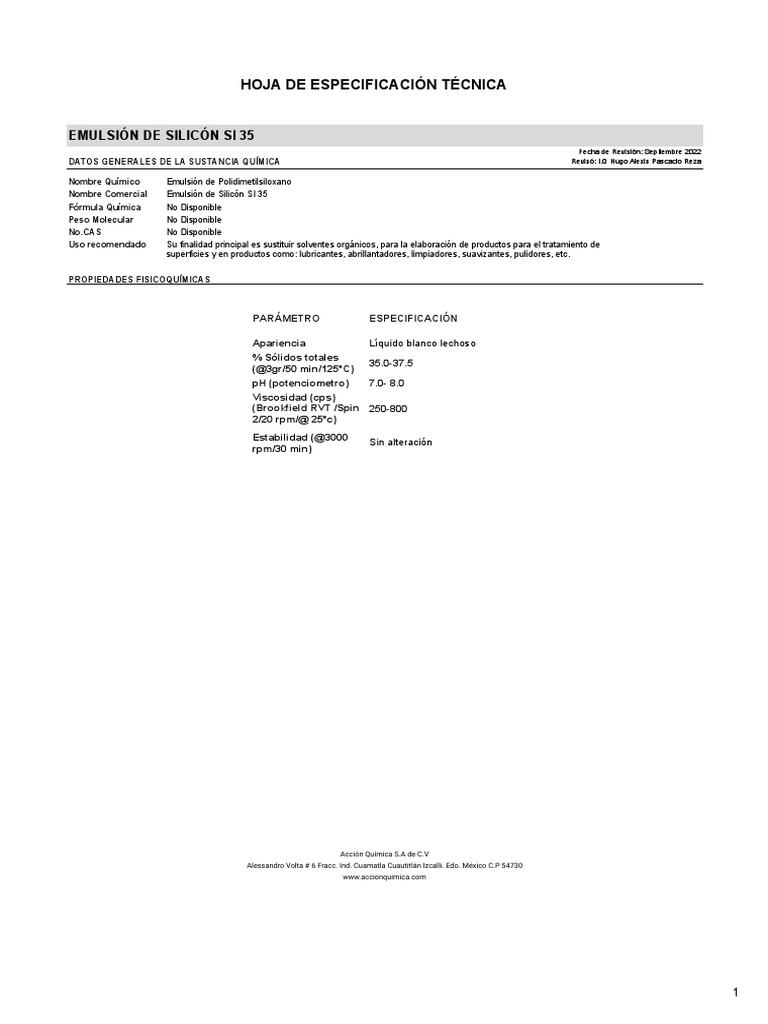 Emulsion de Silicon SI 35 Hoja - Especificaciones - Tecnicas | PDF