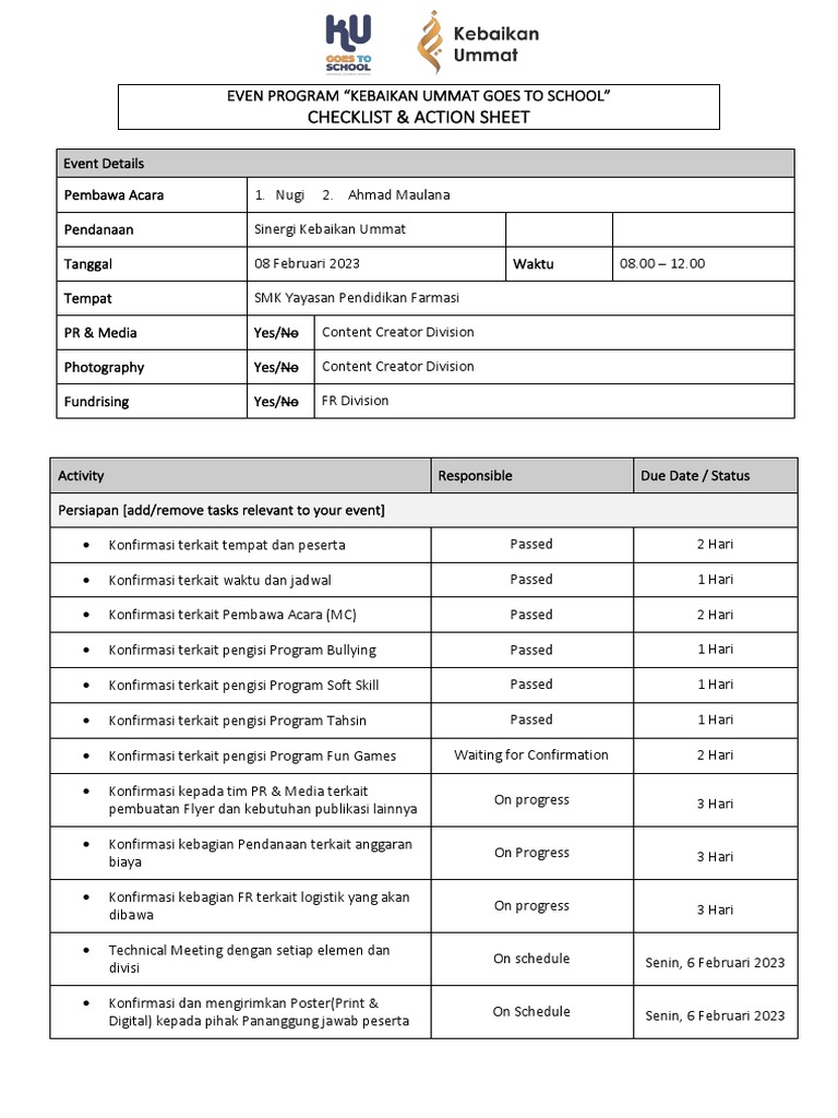 Checklist & Action Sheet Event - Ku GTS | PDF