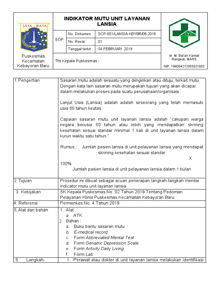 SOP Sarmut Poli Lansia Edit | PDF | Pengembangan Diri | Kesehatan Holistik