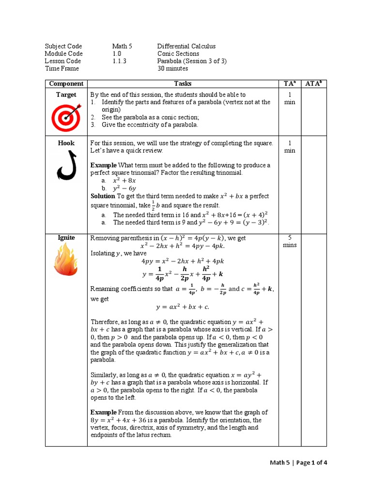 Lesson 1 1 3 Parabola Session 3 Of 3 Pdf Ellipse Euclidean