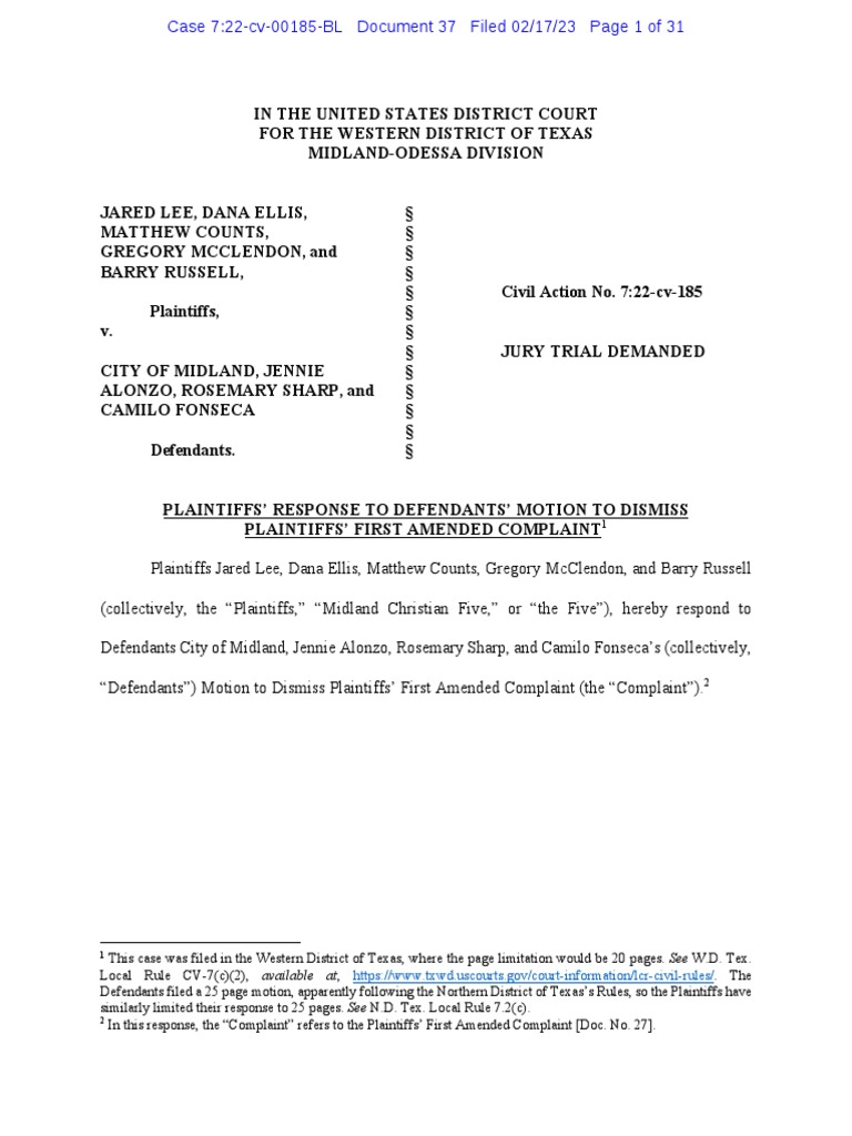 Midland Christian Five' Respond To City of Midland's Motion To Dismiss Lawsuit | PDF ...