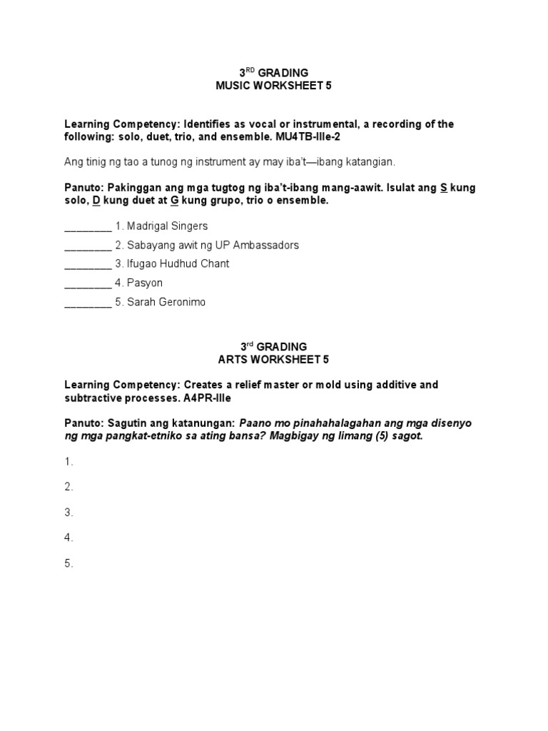 3rd Grading Music Arts Worksheet 5 | PDF
