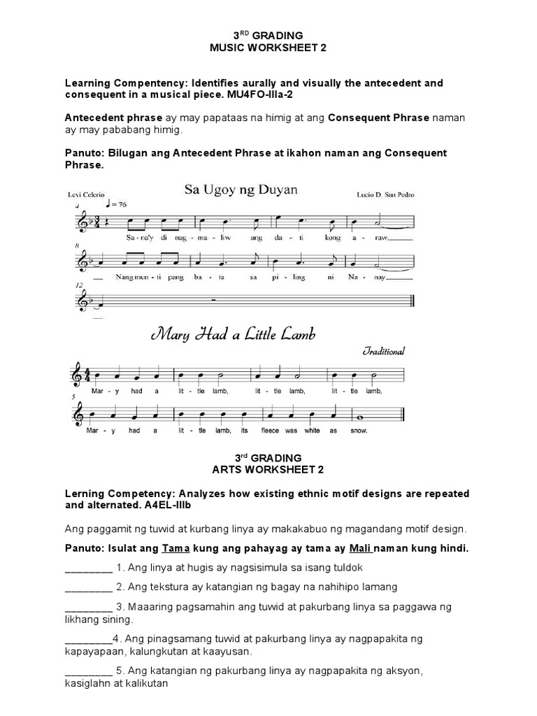 3RD Grading Music Arts Worksheet 2 | PDF