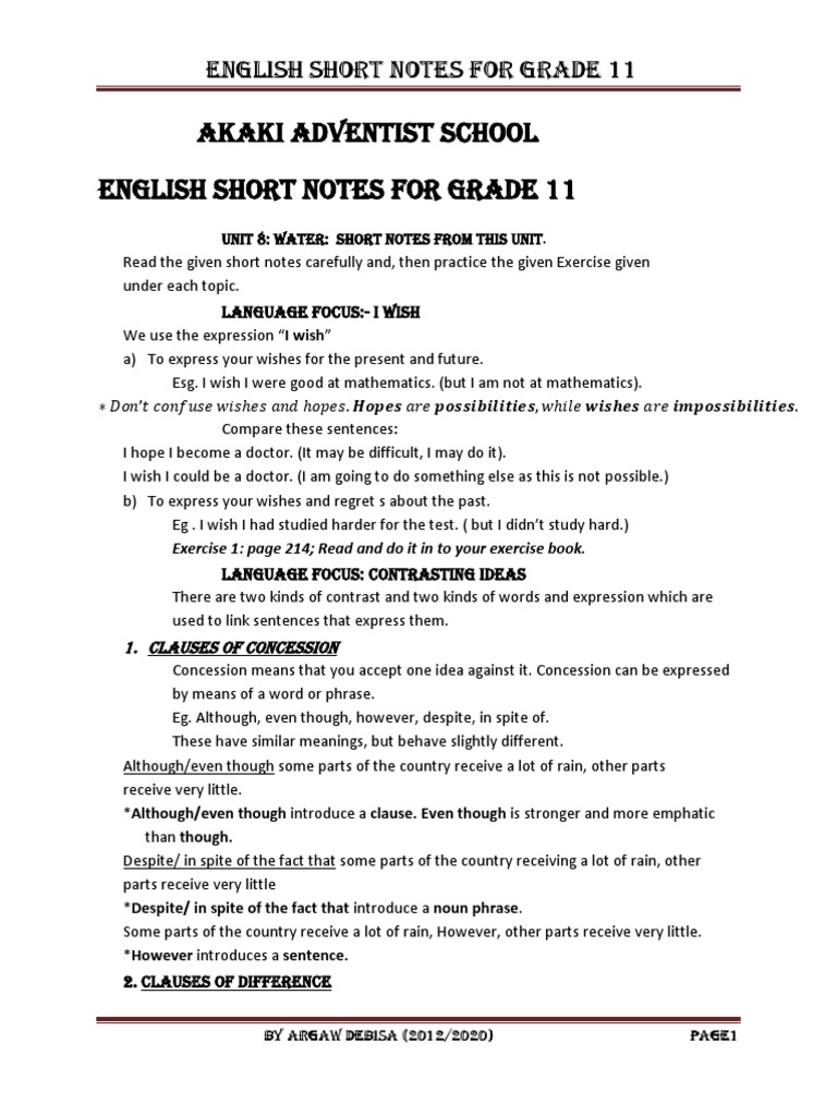 Short Notes For Grade 11 | Download Free PDF | Visual Impairment | Verb