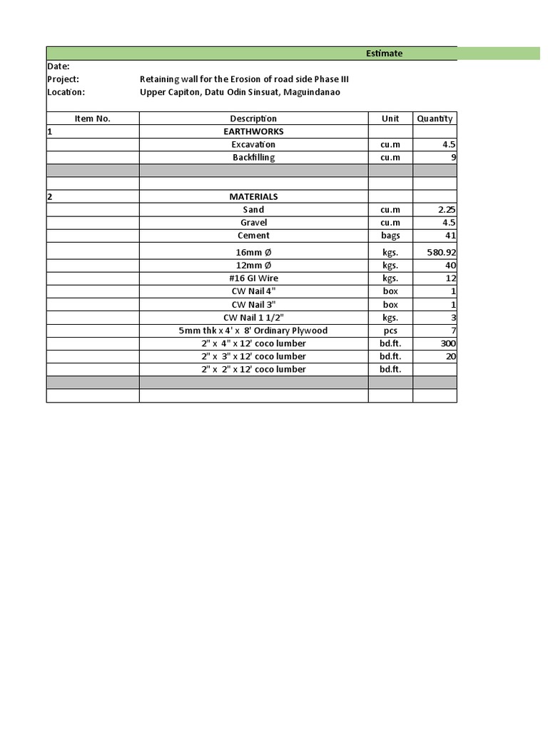 Retaining Wall Cost Estimate Document | PDF | Materials | Building ...