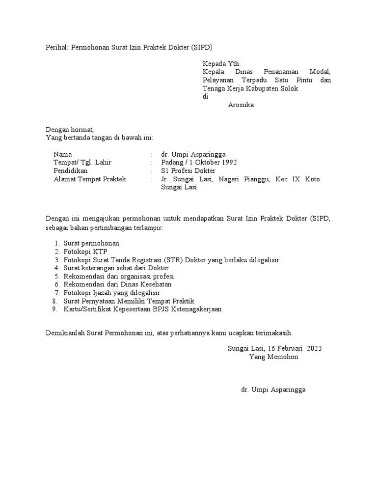 Contoh Permohonan Izin Praktik | PDF