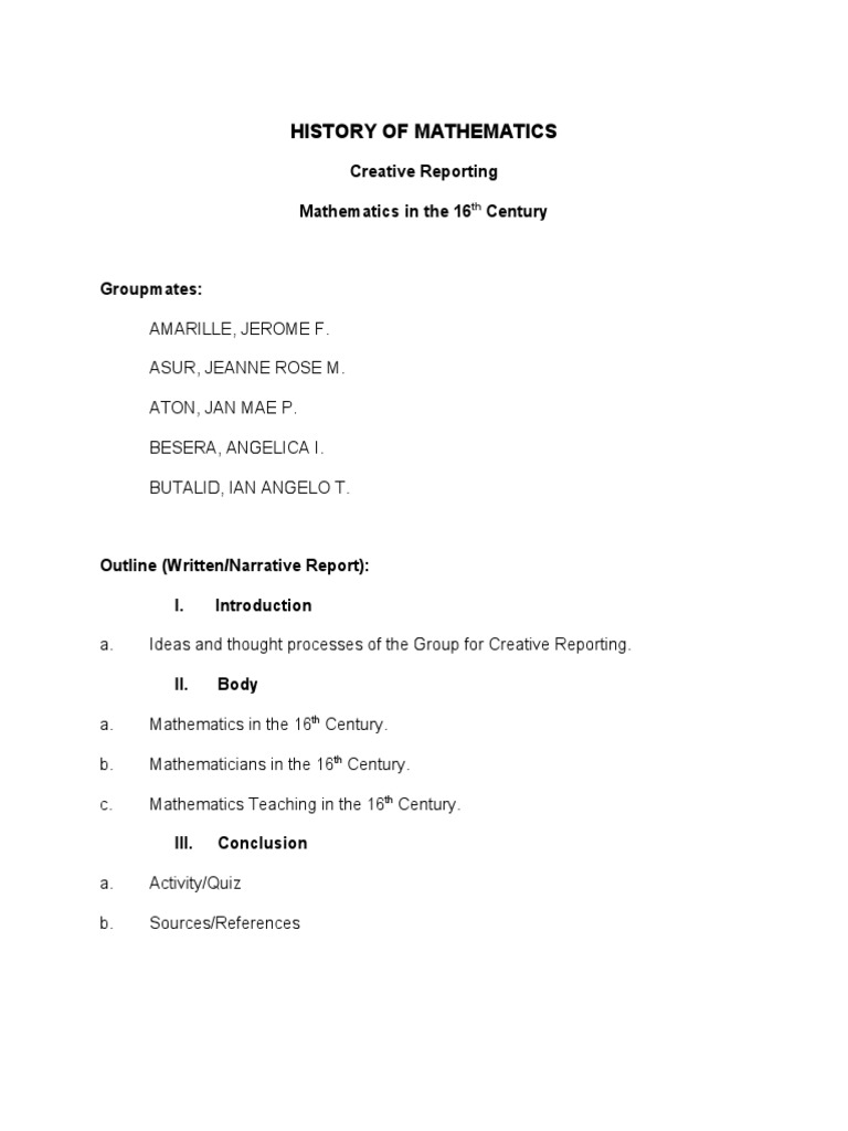 Narrative Report - Mathematics 16th Century BSEDMATH 1-1 | PDF ...