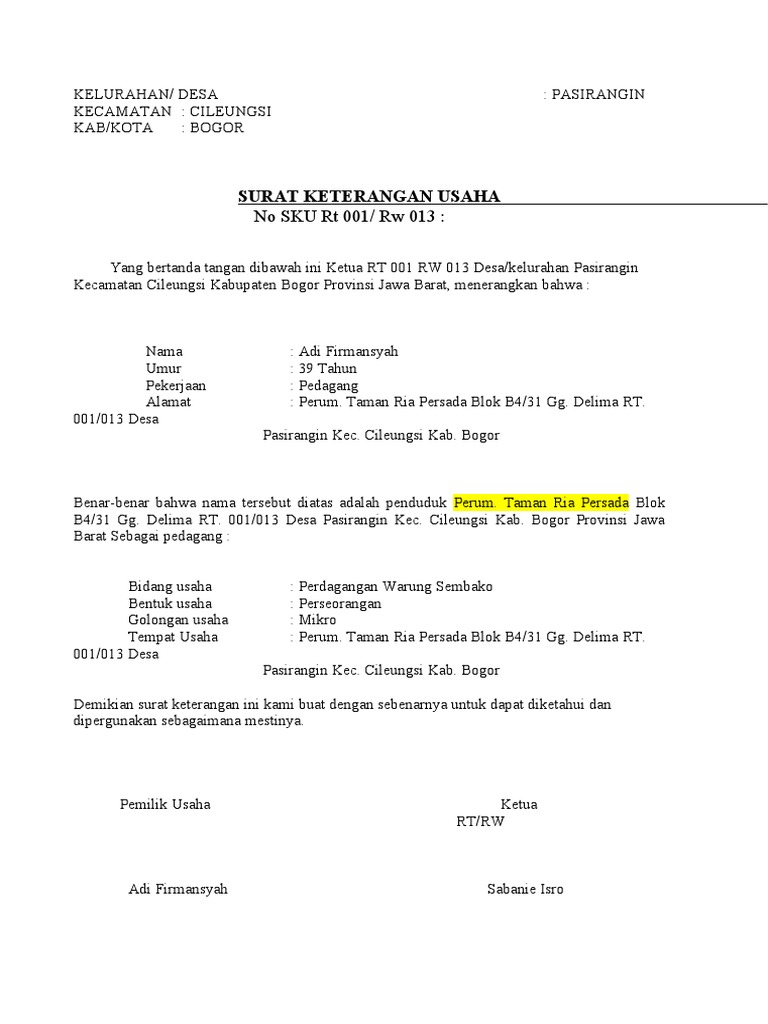 Surat Keterangan Usaha RT - 001-013 | PDF