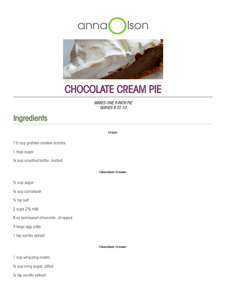 Anna Olson's Chocolate Cream Pie Recipe | PDF