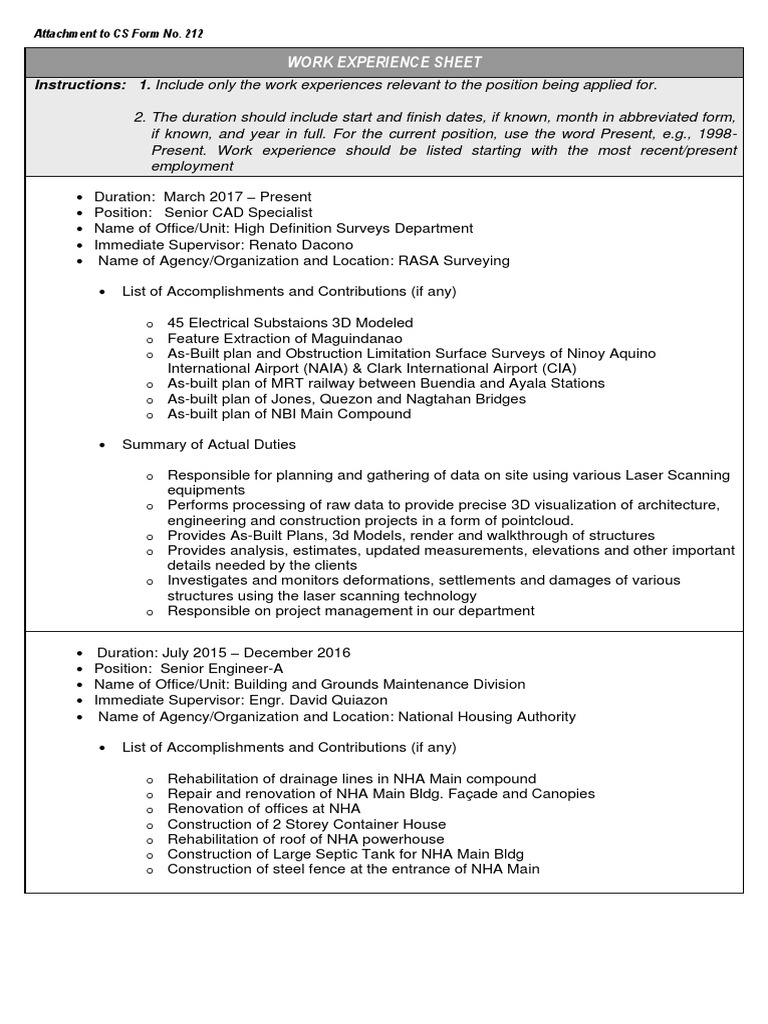 Work Experience Sheet | PDF | Engineering