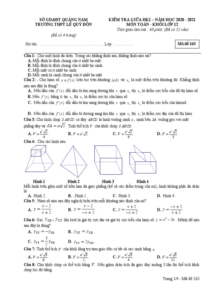 De Thi Giua hk1 Toan 12 Nam 2020 2021 Truong THPT Le Quy Don Quang Nam | PDF
