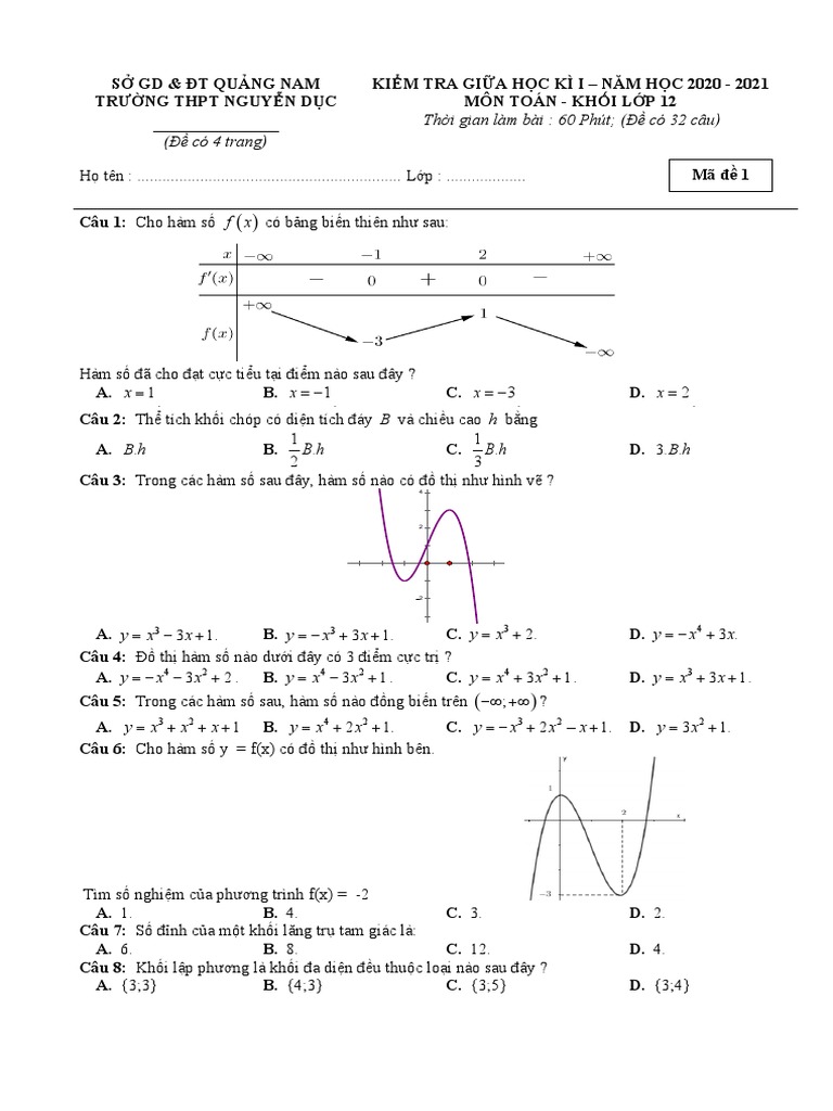De Thi Giua hk1 Toan 12 Nam 2020 2021 Truong THPT Nguyen Duc Quang Nam | PDF