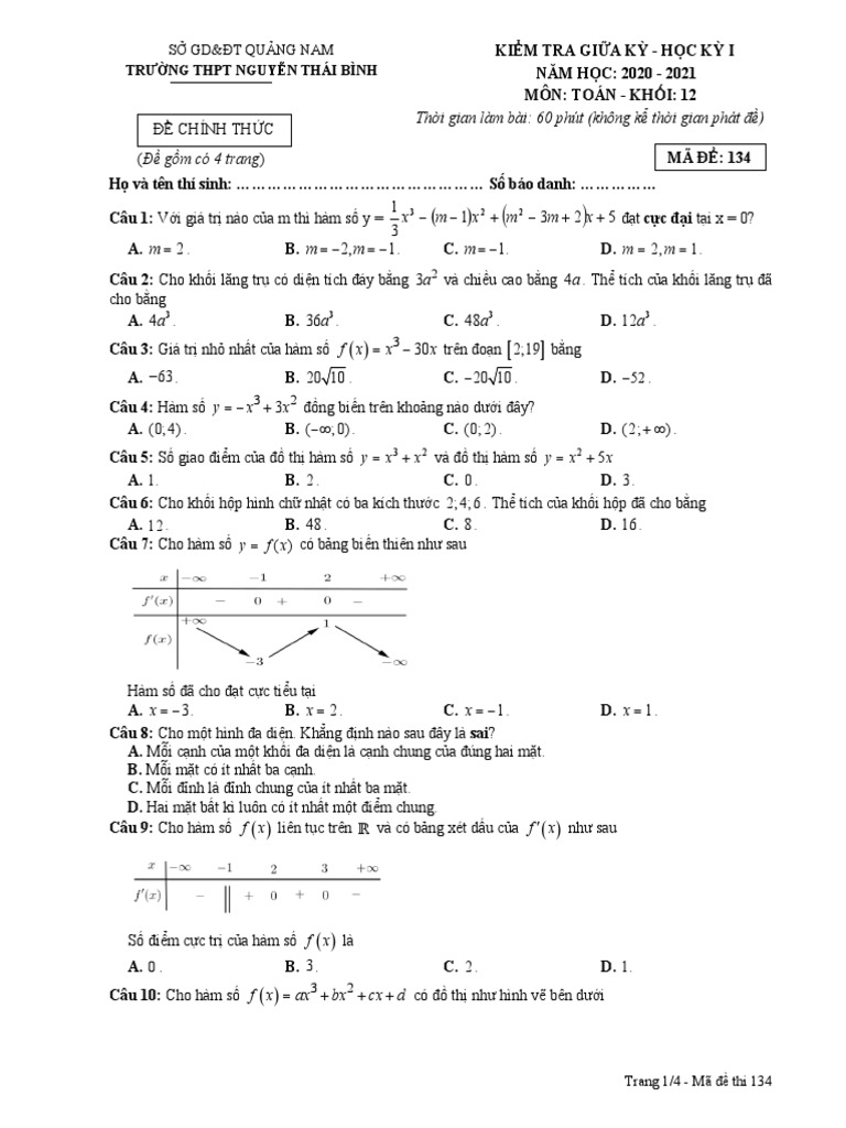 De Thi Giua Hk1 Toan 12 Nam 2020 2021 Truong THPT Nguyen Thai Binh Quang Nam | PDF