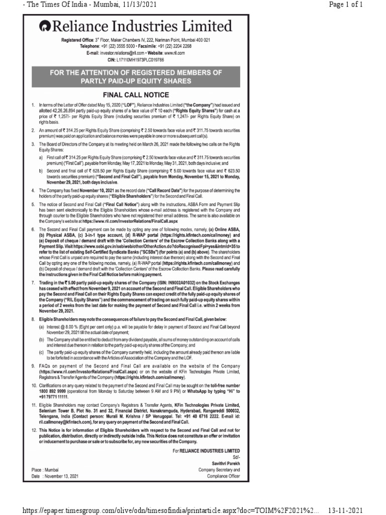 Reliance Rights Issue | PDF